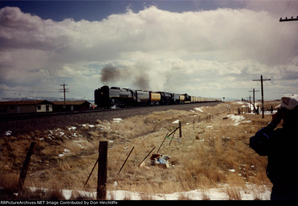 UP Steam Special headed to Railfair 1991 - 844 - 3985 - 1243 on flat car